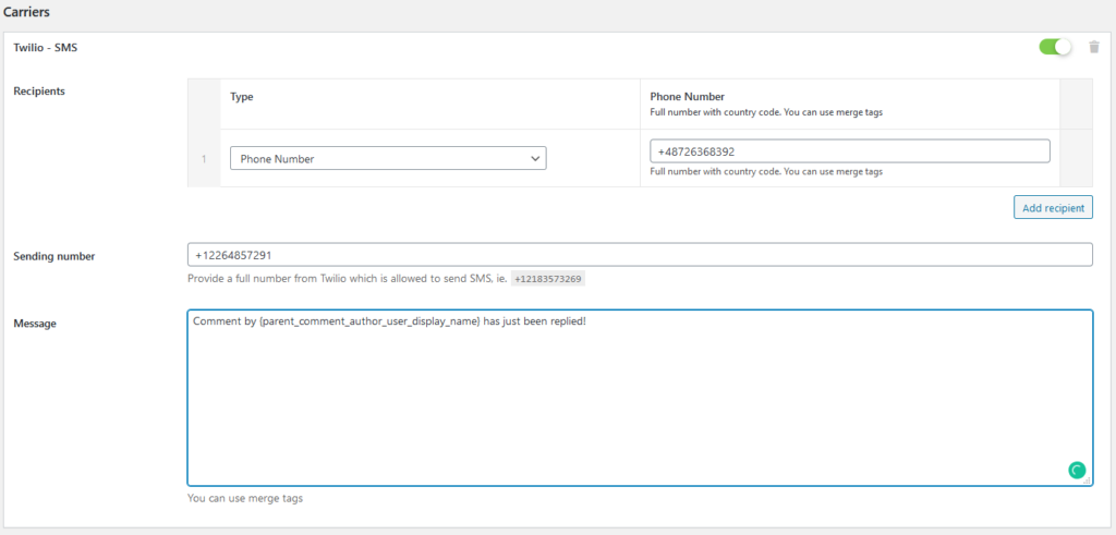 Notification : Twilio - BracketSpace